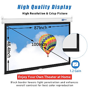 LopBast Screen 100INCH Manual Pull Down White Projector Screen 16:9 1.2 Gain Retractable Auto-Locking 4K 8K 3D Ultra HD for Home Theater Movie Office Game Projection Screen with Slow Retract Mechanism