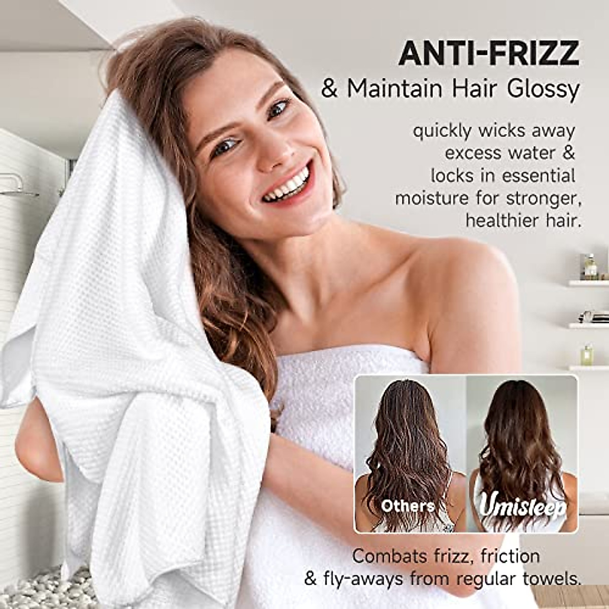 Umisleep Extra Large Microfiber Hair Towel for Women Long, Curly, Thick Hair, Super Soft Anti Frizz Quick Dry Hair Towel Wrap, Ultra Absorbent Hair Turban with Elastic Band White