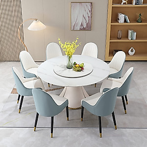 Voohek, Beige 9-Piece Modern Dining Room Set, with 8 Upholstered Chairs, Sintered Stone Table w/Round Turntable and Metal Exquisite Pedestal, Family Furniture for Home, Kitchen