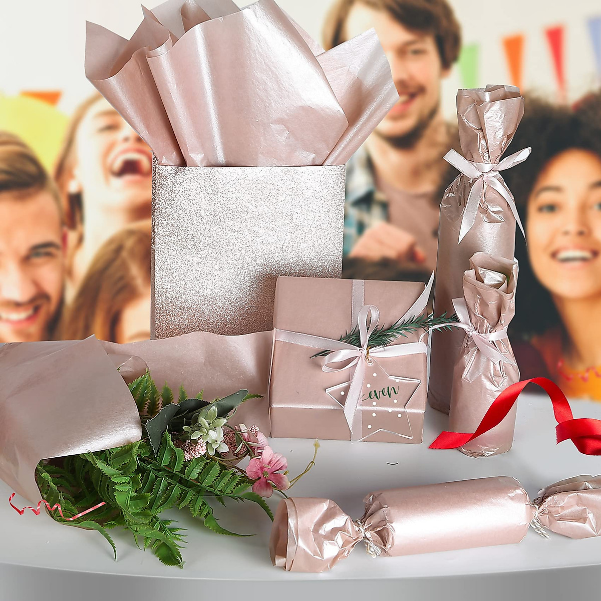 UNIQOOO 100 Sheets 20X14 Premium Metallic Rose Gold Champagne Gold Tissue Gift Wrap Paper Bulk Recyclable Gift Wrapping Accessory - Perfect for Small Gift Bags, Wedding, Party, DIY Craft