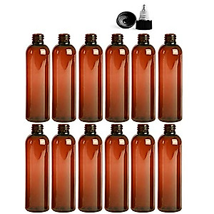 Premium Essential Oil 8 Ounce Cosmo Round Bottles, PET Plastic Empty Fillable BPA-Free, with Black/Natural Twist Caps (Pack of 12) (Amber)