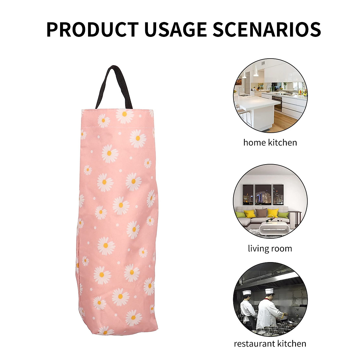 QIANRENON Kitchen Grocery Plastic Trash Bag Holder Washable Wall Mount Folding Little Daisy Storage Bag for Kitchen Bathroom Living Room Office Camper 2 PCS with 2 Hooks (Daisy Pink)