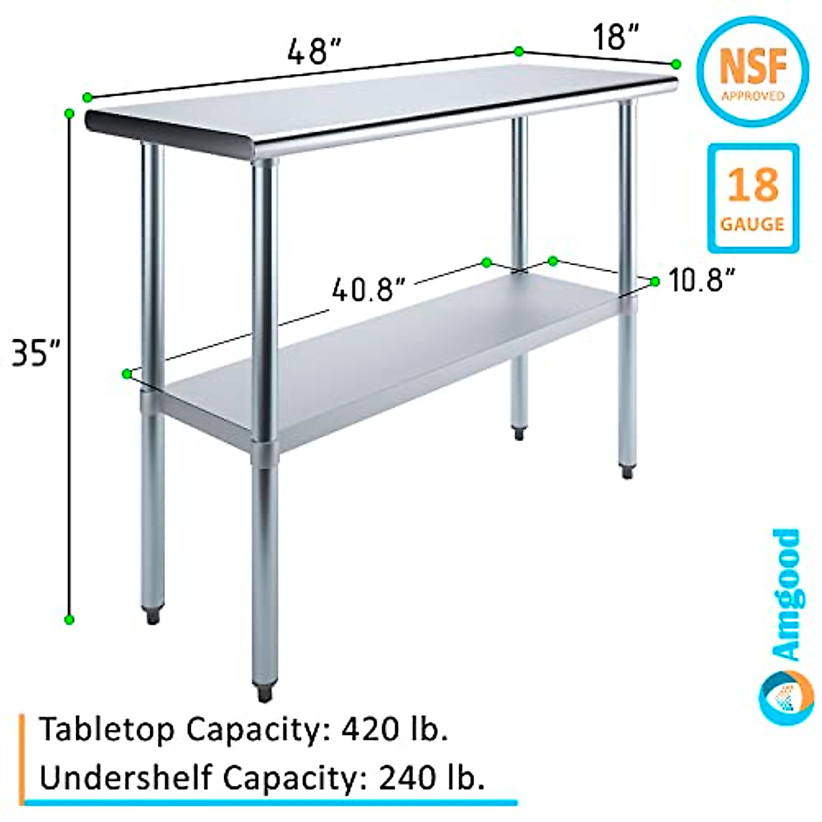 18" x 48" Stainless Steel Work Table | AmGood Metal Kitchen Food Prep Table NSF