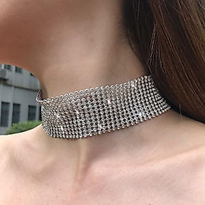 Yokawe Sparkly Crystal Necklace Silver Rhinestone Diamond Choker Gitter Wide Collar Necklaces Wedding Party Rave Neck Jewelry Accessories for Women(Silver)