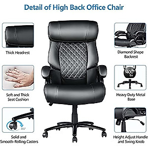 Big and Tall Office Chair, Computer Desk Chair with High Back, Office Chairs for Heavy People, PU Leather Home Office Desk Chair for Bedroom, 360°Rotating Heavy Duty Office Chair, Black