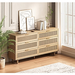 6 Drawer Double Dresser for Bedroom,Natural Rattan Modern Drawer Chest,Wooden Storage Wardrobe Dresser with Gold Handles,Floor Standing Storage Cabinet, for Entrance,Living Room,Hallway-Natural