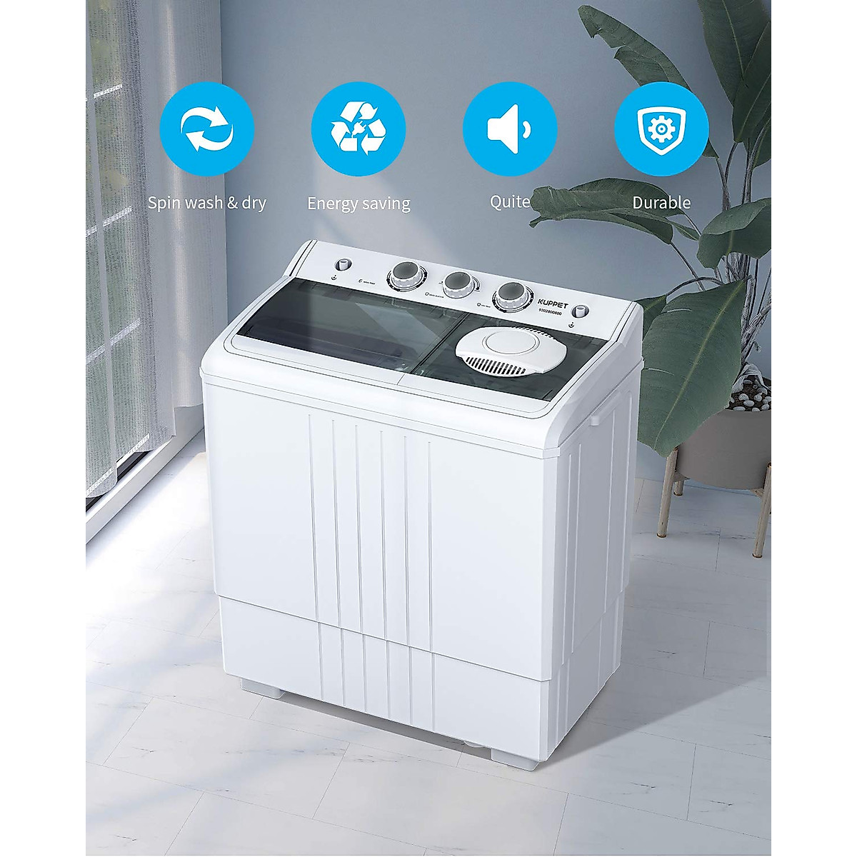 KUPPET Compact Twin Tub Portable Mini Washing Machine 21lbs Capacity, Washer(14.4lbs)&Spiner(6.6lbs)/Built-in Drain Pump/Semi-Automatic, White&Gray