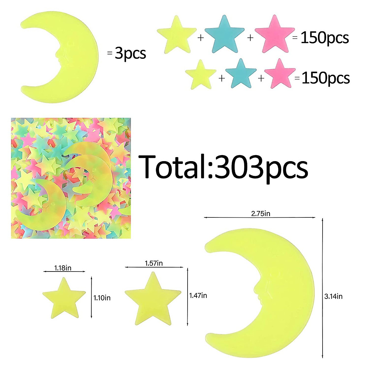 DTLIFEK 300PCS Glow in The Dark Stars Wall Decals Luminous Moon Stickers for Ceiling 3D Fluorescent Plastic Self Adhesive Starry Sky Glowing Stars and Moon Wall Art Decor for Kids Baby Bedroom Room