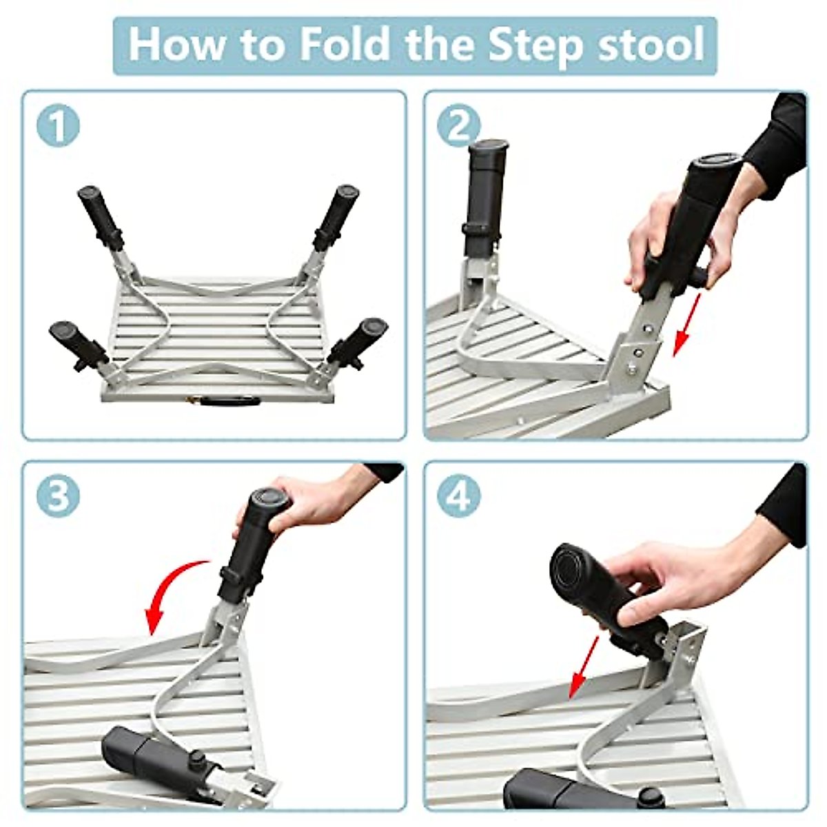 Homeon Wheels 19" x 14.5" Large RV Step Stool, 1,500lbs Adjustable Height Aluminum Folding Platform Step Sheath Non-Slip Rubber Feet, Reflective Stripe, Handle, RV T Level RV Steps