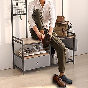 NAIYUFA Entryway Hall Tree with Drawer,Coat Rack with Mirror,Vintage Industrial Hall Tree with Shoe Bench,5-in-1 Storage Rack with 8 Hooks and Grid Panel