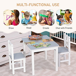 Qaba Kids 3 Piece Table and Chair Set Ideal for Arts, Meals, Lightweight Wooden Homework Activity Center, Toddlers Age 3+, Grey