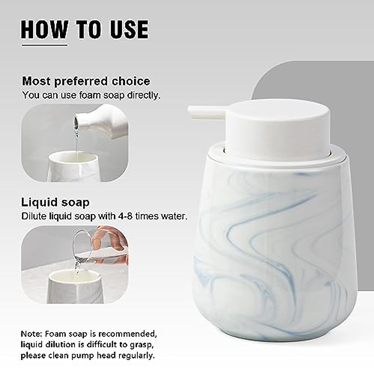 Agyiuns Marbled Blue Soap Dispenser, Ceramic Foaming Soap Dispenser with Easy-to-Press Pump for Bathroom 12 oz refillable Liquid Hand soap and Lotion for Kitchen (Marbled Blue Foam Dispenser)