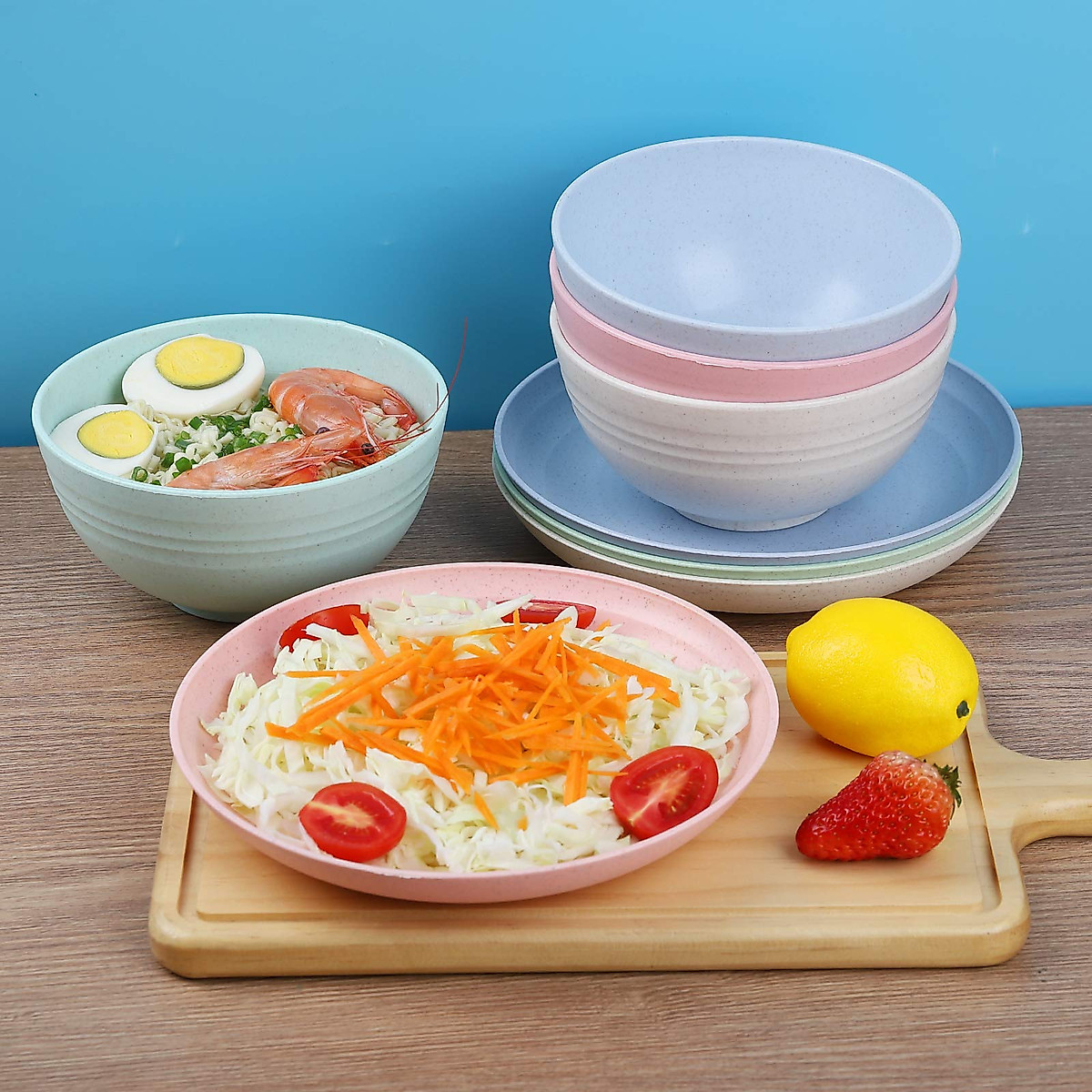 Wheat Straw Dinnerware Set Unbreakable Lightweight Cereal Plates and Bowls Sets Microwave Dishwasher Safe Reusable Eco Friendly Tableware for Kids Adults, Service for 4