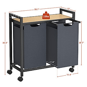 Homykic Pull-Out Laundry Hamper with Wheels and Bamboo Shelf, 2-Section 100L Laundry Organizer Sorter Cart with Removable Laundry Bags and 4 Hooks, Sturdy Metal Frame, Natural&Black