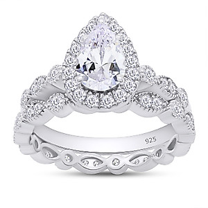 Wishrocks 1.4CT 925 Sterling Silver White Gold Over Bridal Ring Set Teardrop Moissanite Diamond Halo Engagement Ring Vintage Pear Promise Ring Marquise Wedding Band for Women VVS1-6