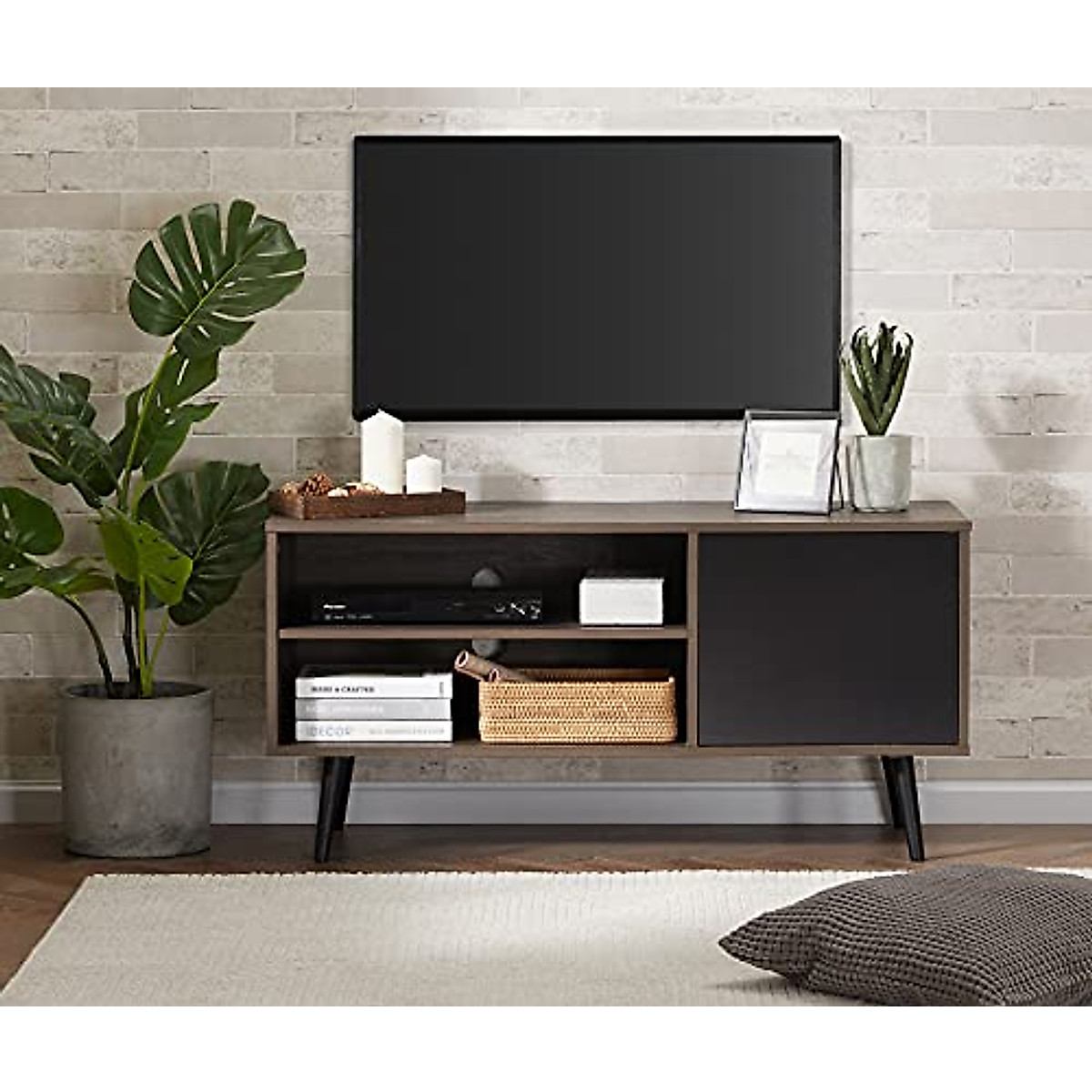 Mid Century Modern TV Stand for 55 inch Flat Screen, Wood TV Cabinet Media Console with Storage, Home Entertainment Center for Living Room Bedroom, 50'' Black/Espresso