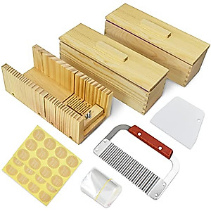 Artcome Loaf Soap Making Cutting Mold Kit 2Pcs 42oz Rectangular Silicone Soap Mold, 2Pcs Wooden Box with Lid, Adjustable Wooden Soap Cutting Tool with Stainless Steel Wavy & Plastic Straight Cutter