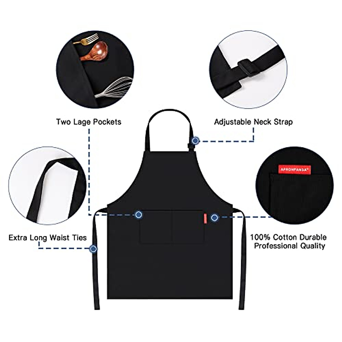 APRONPANDA Chef Apron for Men Women with 2 Pockets,100% Cotton Kitchen Cooking BBQ Apron with Adjustable Neck,Unisex Black Apron