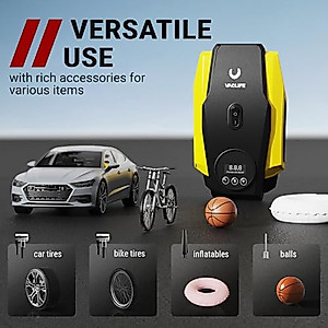 VacLife Tire Inflator Portable Air Compressor - Air Pump for Car Tires - 12V DC Compact Tire Pump with Auto Shutoff Function - Multipurpose Car Accessory with LED Light, Yellow