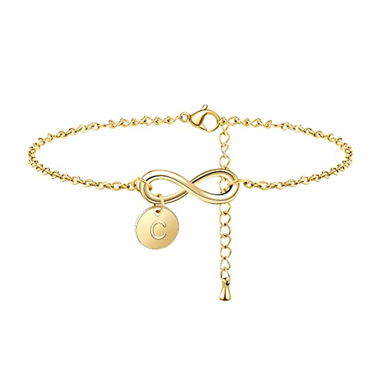 Gold Initial Bracelets for Women, Dainty 14K Gold Filled Layered Paperclip Chain Letter Initial Bracelet 26 Alphabet Disc Charm Bracelet Jewelry Gifts for Women-C