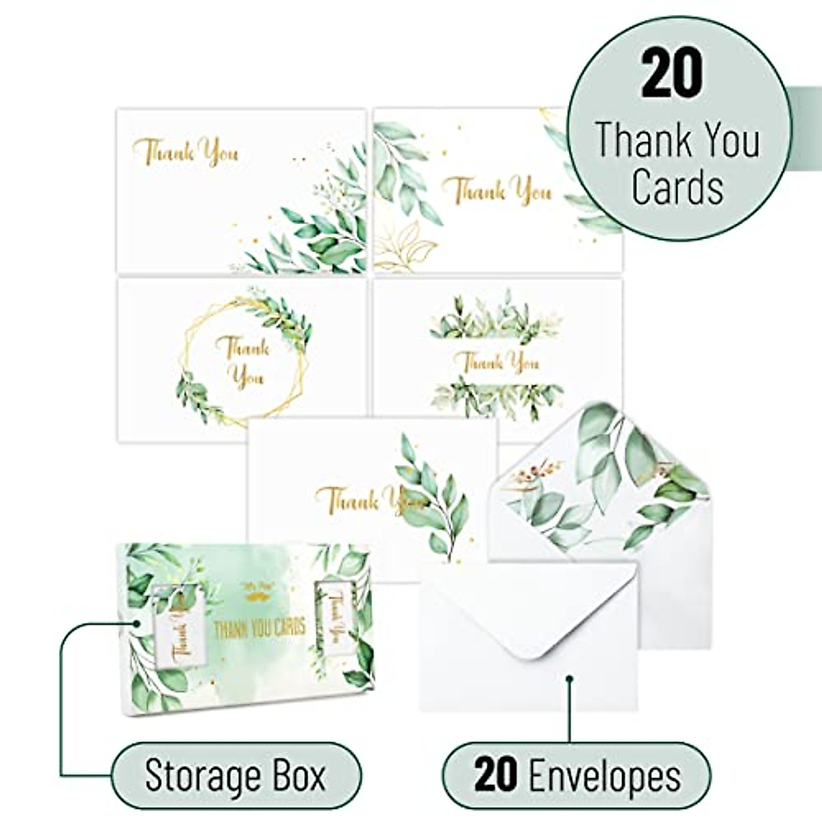 Mr. Pen- Thank You Cards with Envelopes, 20 Pack, 4” x 6”, Greenery Gold Foil Design, Thank You Notes with Envelopes Set, Thank You Cards Wedding, Blank Thank You Cards with Envelopes