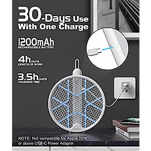 MOSQZAP Electric Fly Swatter, Foldable Bug Zapper Racket, 3,500Volt Mosquito Killer Electronic Fly Zapper w/Purple Light Attractant for Home Indoor Outdoor, Large Size, White