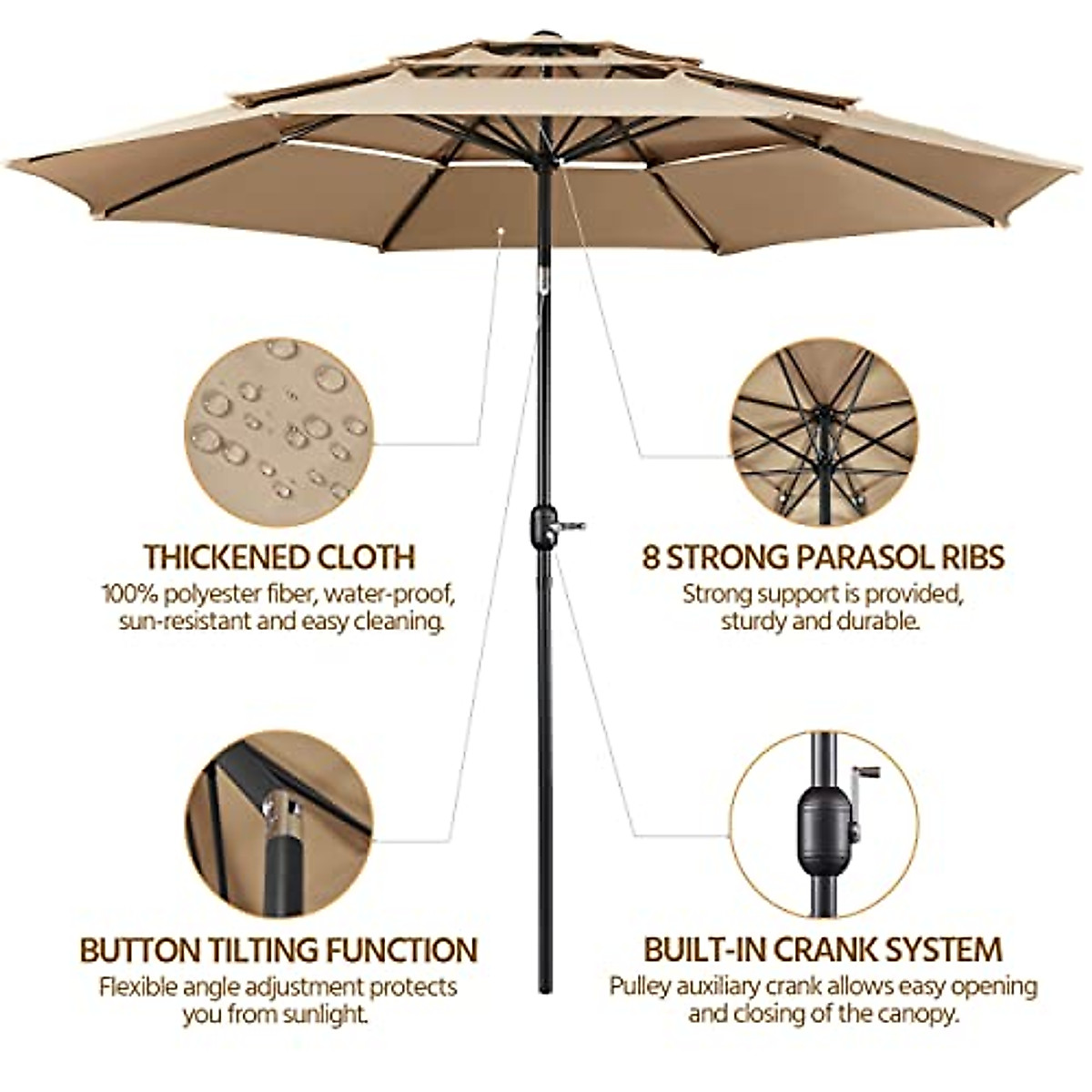 Yaheetech 3-Tier Vented Patio Umbrella - 10ft Outdoor Market Table Umbrella w/Double-layer Cloth & Large Shade & Push-button Tilting for Yard/Garden/Park/Garden- Tan
