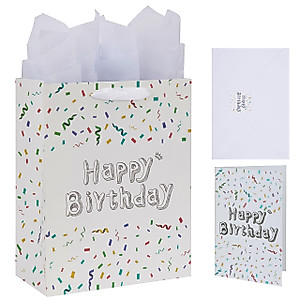 13" Large White Gift Bag Set with Greeting Card and Tissue Papers (Sketch-shaped Happy Birthday) for Women's or Men's Birthday Party, Girls', Boys' or Kids' Birthday Parties, Baby Shower, Baby Girl or Boy -10.2”x5.2”x13”,1 Pcs.