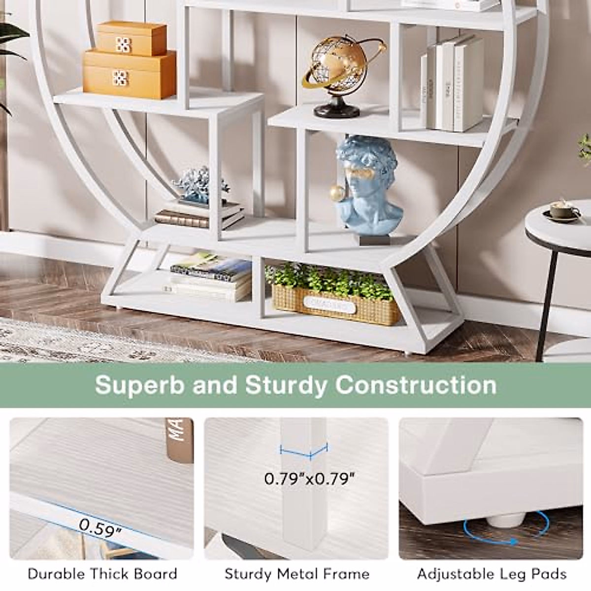 Tribesigns Bookshelf, Round Bookshelves Etagere Bookcase, 63 Inch Wood Book Shelf with Staggered Shelves, Rustic Open Shelving Organizer Rack Display Shelf for Home Office, Living Room, White