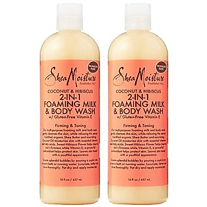 Shea Moisture Body Wash Moisturizing, Gluten Free Coconut & Hibiscus Foaming Milk & Body Wash Sensitive Skin, Coconut Oil, Vitamin E, Certified Organic Shea Butter, Family Size (2 Pack-16 Fl Oz Ea)