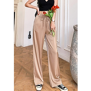 Snoly Women's Summer Ice Silk Pants High Waist Wide Leg Full Length Loose Casual Sweatpants (Beige, Small, s)