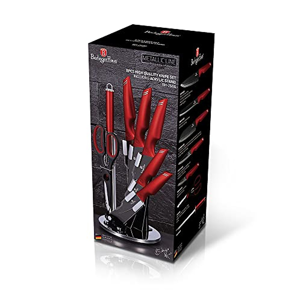 Berlinger Haus Kitchen Knife Set with Block, 8 Piece Knives Set for Kitchen, Cooking Knives with Kitchen Shears and Sharpener, Sharp Cutting Stainless Steel Chef Knife Set with Acrylic Stand, Red