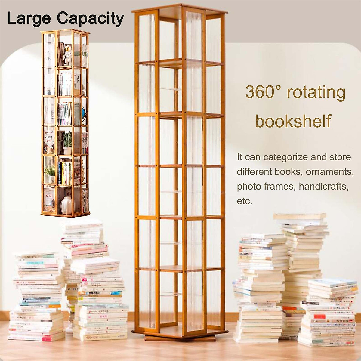 360° Rotating Bookshelf, 6 Tier Floor-Standing Acrylic Bookcase for Kids Adults, Spinning Display Shelf Books Storage Rack for Small Space Living Room, Study Room (Brown)