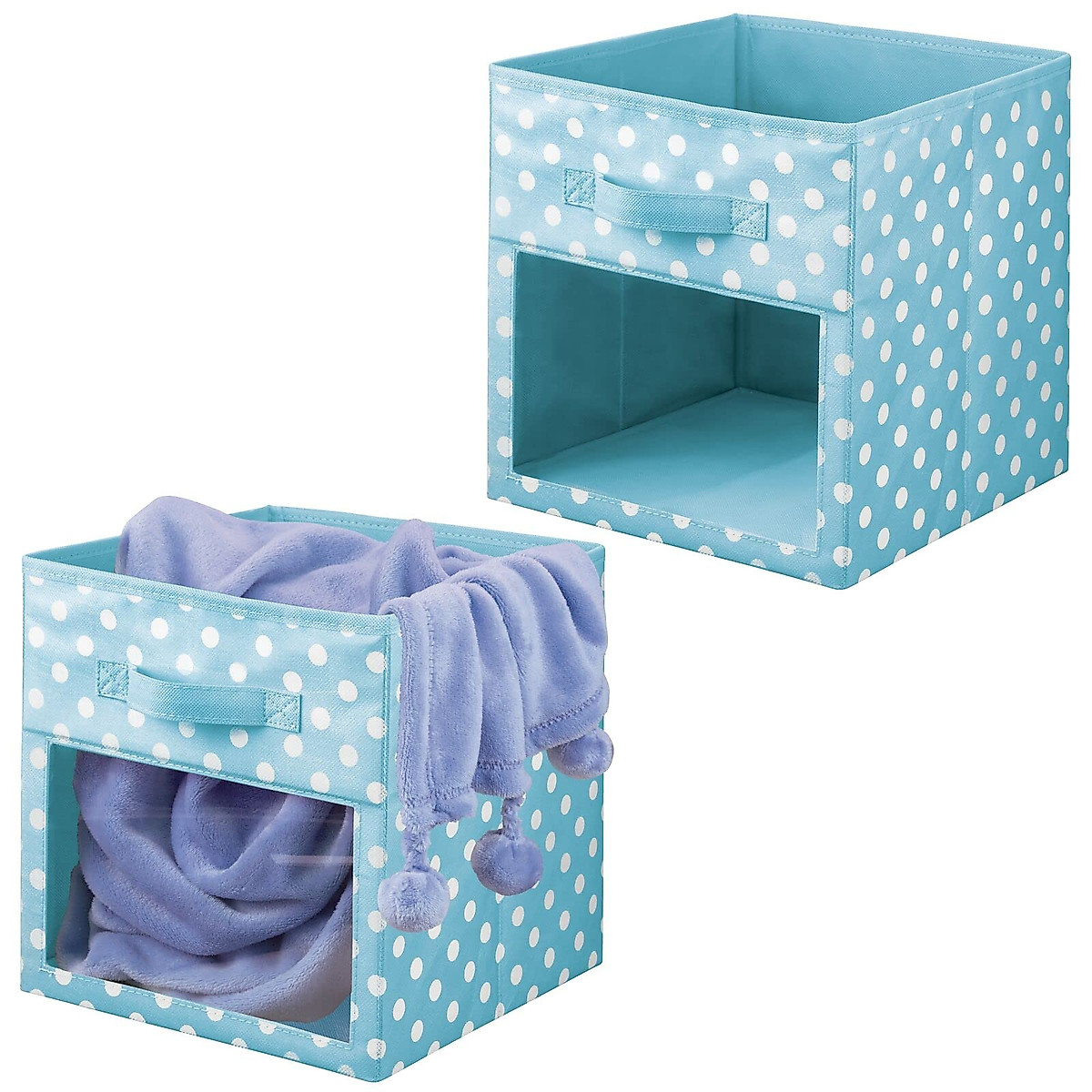 mDesign Fabric Nursery/Playroom Closet Storage Organizer Bin Box, Front Handle/Window for Cube Furniture Shelving Unit, Hold Toys, Clothes, Diapers, Bibs, 2 Pack, Turquoise Blue/White Polka Dot