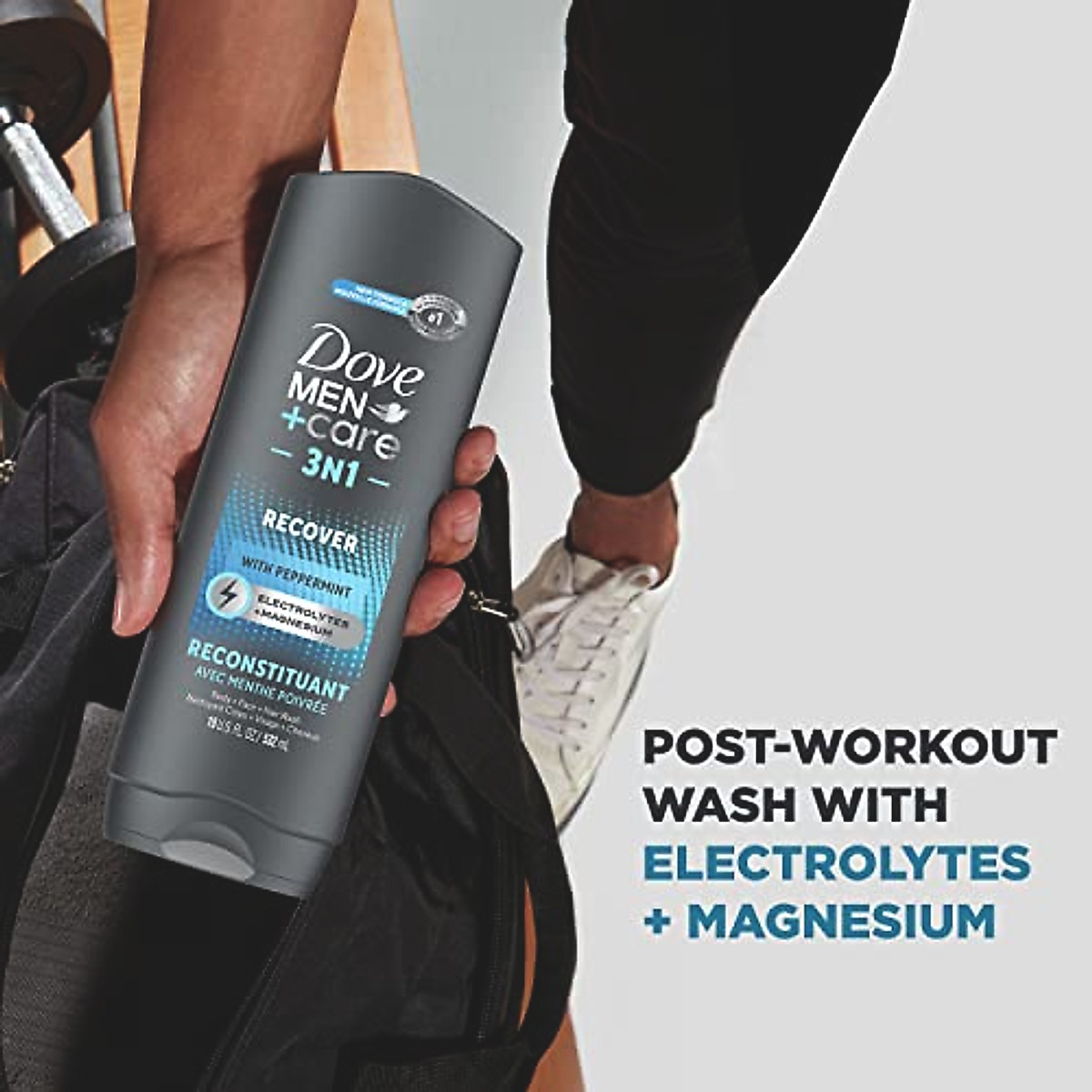 DOVE MEN + CARE Post-Workout 3-IN-1 (Body + Face + Hair Wash) With Peppermint 4 Count Infused with Electrolytes + Magnesium 18 oz