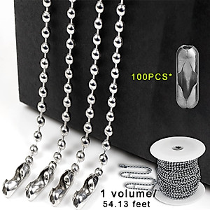 Stainless Steel Ball Chain, Necklace Chain Ball Bead, 55ft Bead Chain Ball Chain Bulk Bead Chain with 100 Pcs Matching Connectors Clasps for Necklace Hanging, Dog Tag, DIY Crafts, 2.0mm Diameter