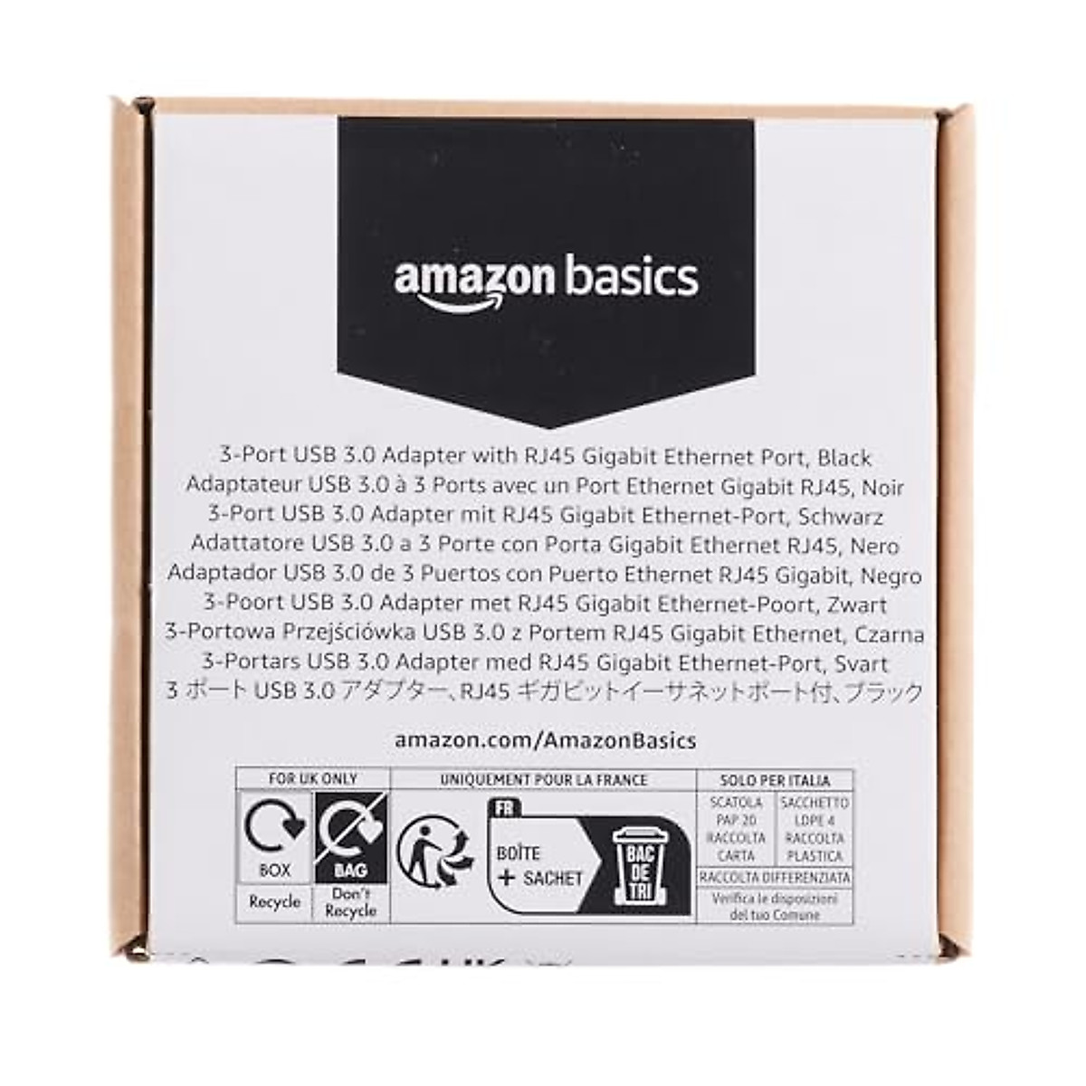 Amazon Basics 4-Port Adapter With 3 USB 3.0 USB-A Ports & 1 RJ45 Gigabit Ethernet Port, Black