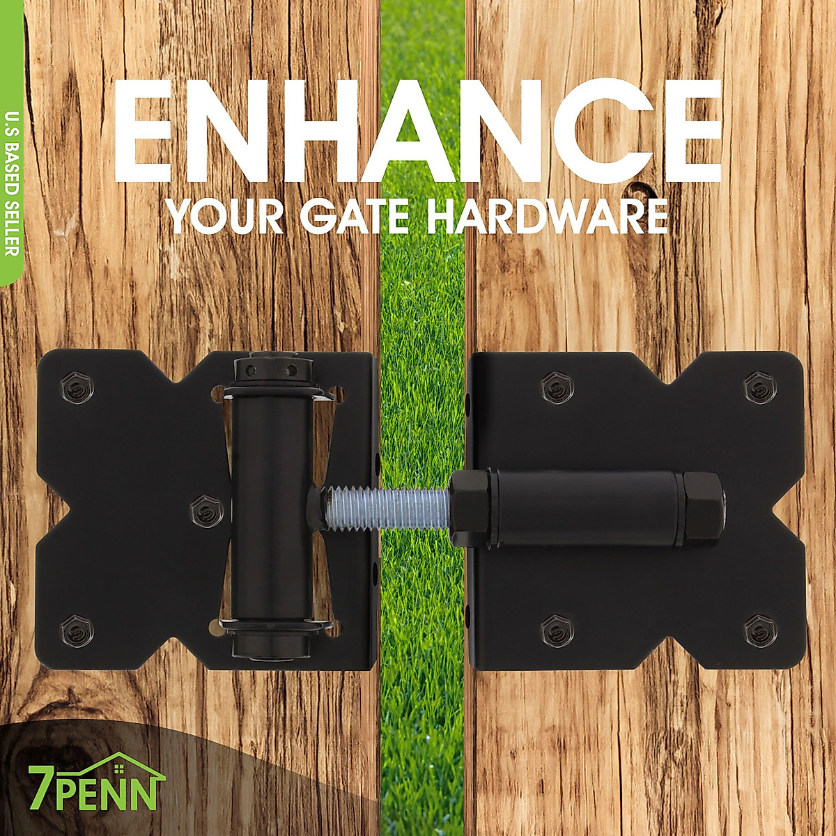 7Penn Self Closing Gate Hinges - 2pk Black Heavy Duty Gate Hinges with Gate Hardware for Outdoor Vinyl or Wood Fence - Adjustable Swing Gate Hinge Soft Door Closer for Garden Gate or Backyard Fencing