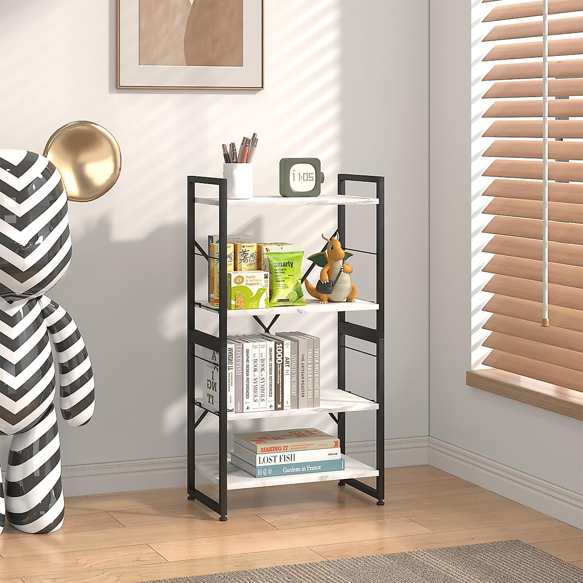 Azheruol 4 Tiers Bookshelf Adjustable White Faux Marble Organizer, Modern Small Bookcase for Small Space,Industrial Wooden Storage Display Rack and Storage Organizer for Living Room Home Office
