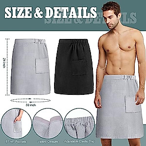 Newwiee 2 Pieces Microfiber Waffle Men's Bath Wrap Quick Absorbent Men Towel Wrap Adjustable Body Shower Wrap for Men Sauna Spa, 59 x 24 Inches/ 150 x 61 cm (Black, Gray)