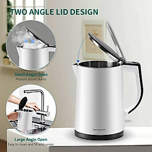 Hot Water Kettle Electric, 1.5 Liter 1000W Instant Kettle for Fast Boil Hot Water with Stainless Steel Double Wall White Electric Water Kettle