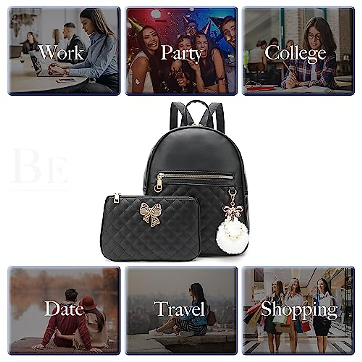 BESYIGA Backpack Purse for Women, Mini Leather Backpack for Women Chain Shoulder Travel Bag with Detachable Handbag, 2 Pieces（Black）