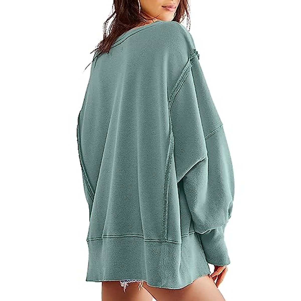 Beaully Women’s Oversized Contrast Patchwork Sweatshirt Casual Side Split High Low Hem Boyfriend Pullover Tops Streetwear 6088 Grey Blue Medium