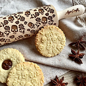 SUGAR SKULL and ROSES Embossed Rolling Pin for Halloween cookies. Laser Engraved Dough Roller for Embossing Homemade Cookies by Algis Crafts
