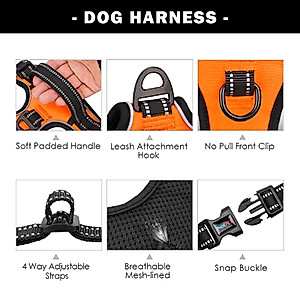 PHOEPET No Pull Dog Harnesses for Small Dogs Reflective Adjustable Front Clip Vest with Handle 2 Metal Rings 3 Buckles [Easy to Put on & Take Off] (S, Orange)