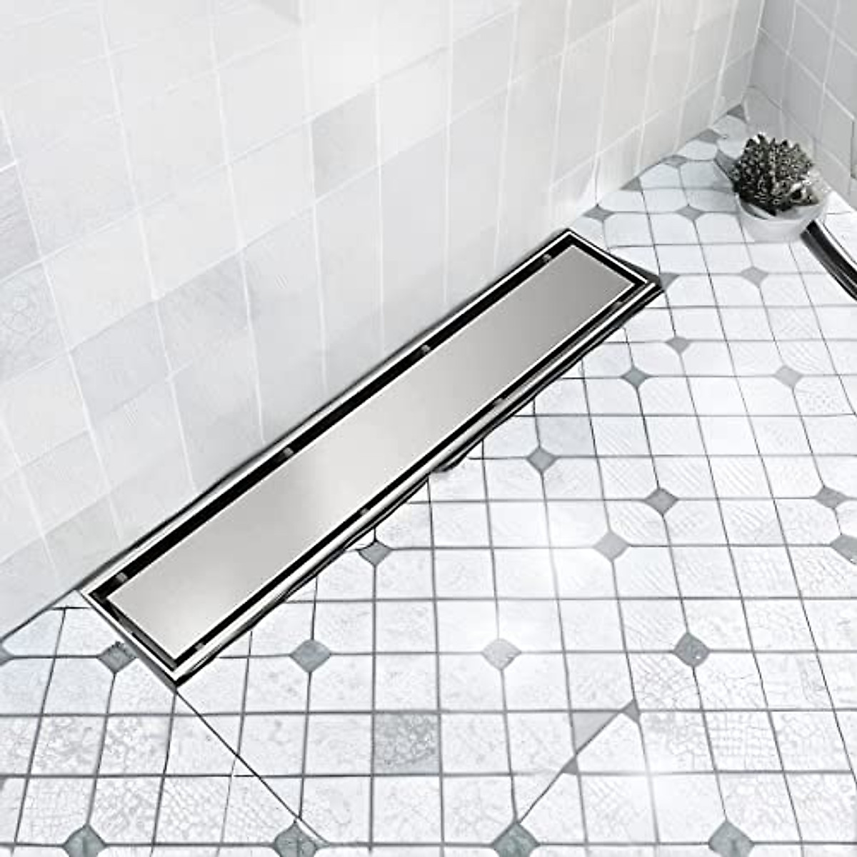 USHOWER 24-Inch Linear Shower Drain with Reversible 2-in-1 Tile Insert Cover, SUS304 Stainless Steel, Includes Hair Strainer, Brushed Nickel
