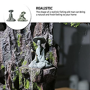 Cabilock 2Pcs Mini Fisherman Figurines Sandstone Chinese Mudman Sitting Fishing Garden Statue Ornament for Fish Tank Micro Landscape Bonsai Fairy Garden Decorations