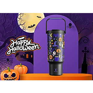 Meoky 40 oz Halloween Tumbler with Handle and Straw, Glow in the Dark Insulated Water Bottle, Stainless Steel Travel Mug, Keeps Cold for 34 Hours, Fits in Car Cup Holder (Haunted Pumpkin)