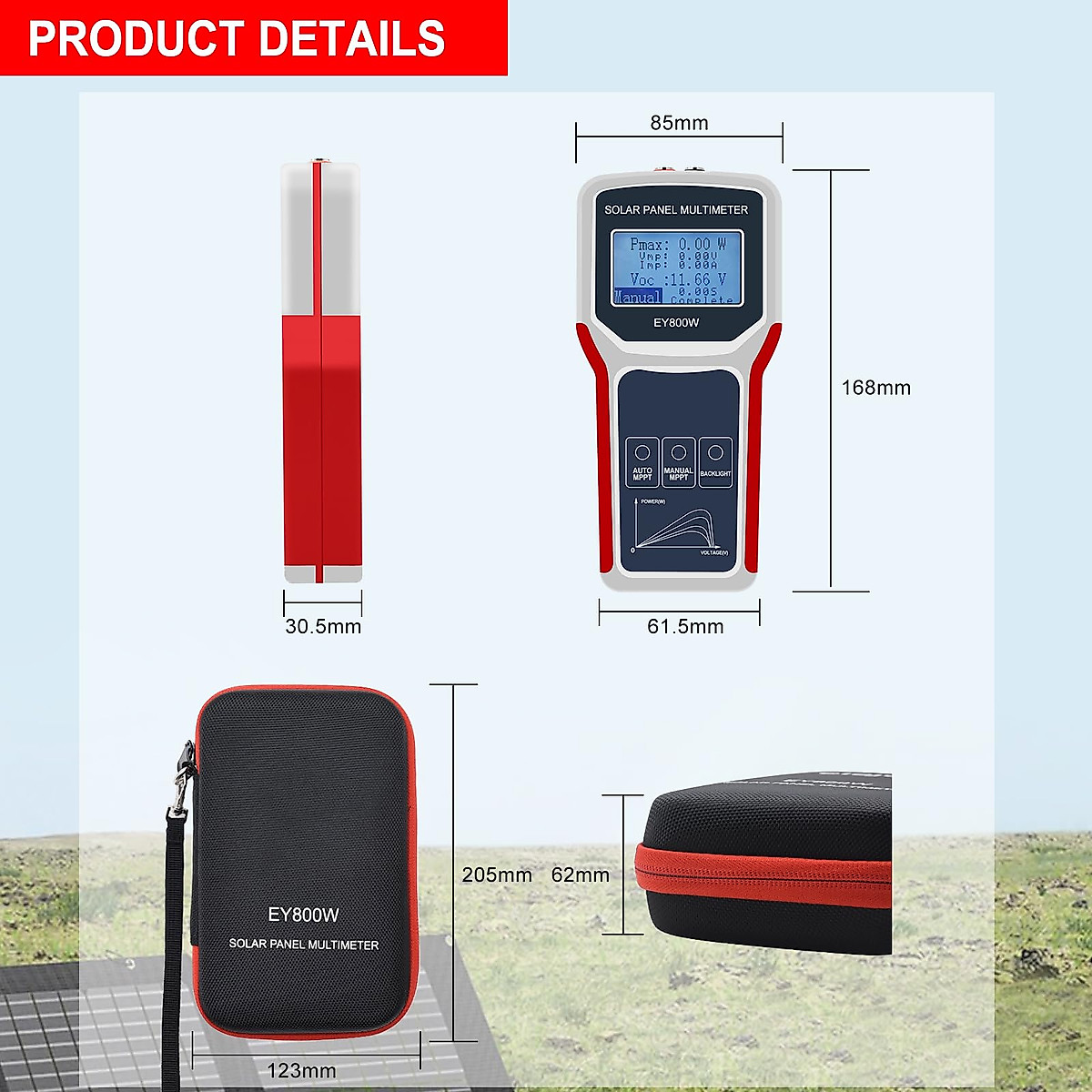 KAOLALI Solar Panel Tester EY800W Upgraded Multimeter LCD Display MPPT Tester for Photovoltaic Panel with Power Protection and Multifunction LCD Screen