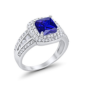 Halo Art Deco Wedding Engagement Ring Princess Cut Round Simulated Blue Sapphire Cubic Zirconia 925 Sterling Silver Size-10